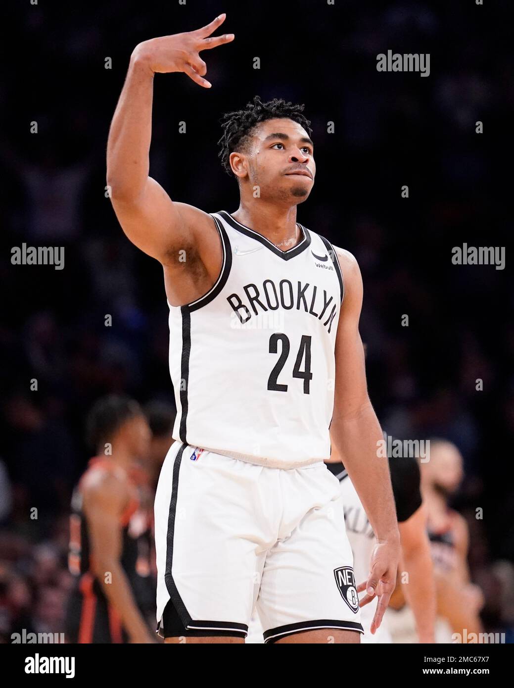 Brooklyn Nets guard Cam Thomas (24) celebrates after scoring three ...