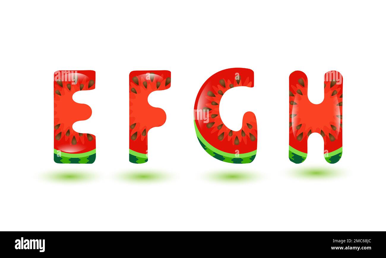 Watermelon font. letters E, F, G, H. Cartoon fruit alphabet. Summer ...