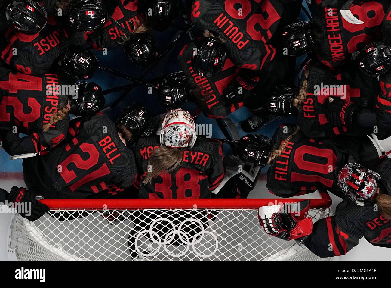 Canada's players huddle prior a women's quarterfinal hockey game ...