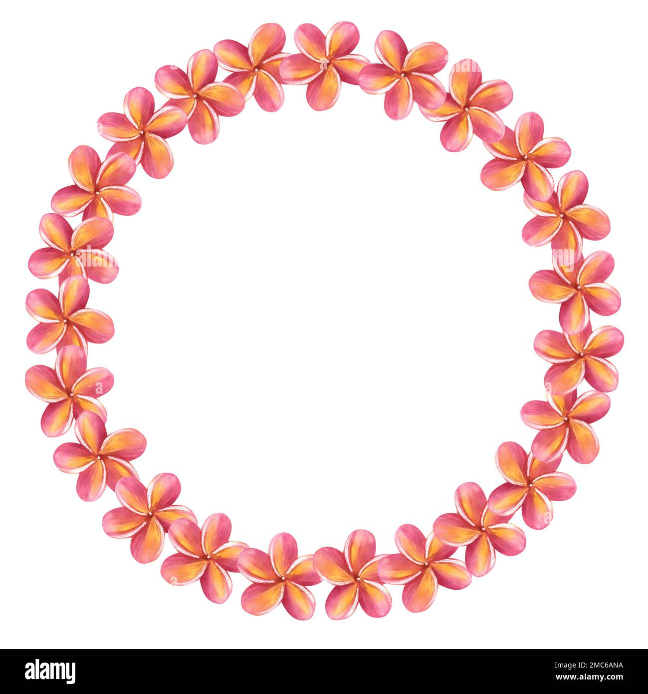 Round frame made of plumeria frangipani garland. Exotic floral design ...