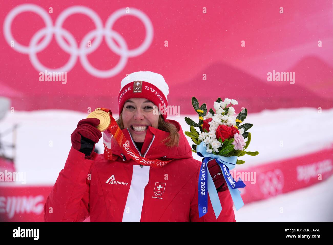 Michelle Gisin of Switzerland, gold, celebrates after the medal ...