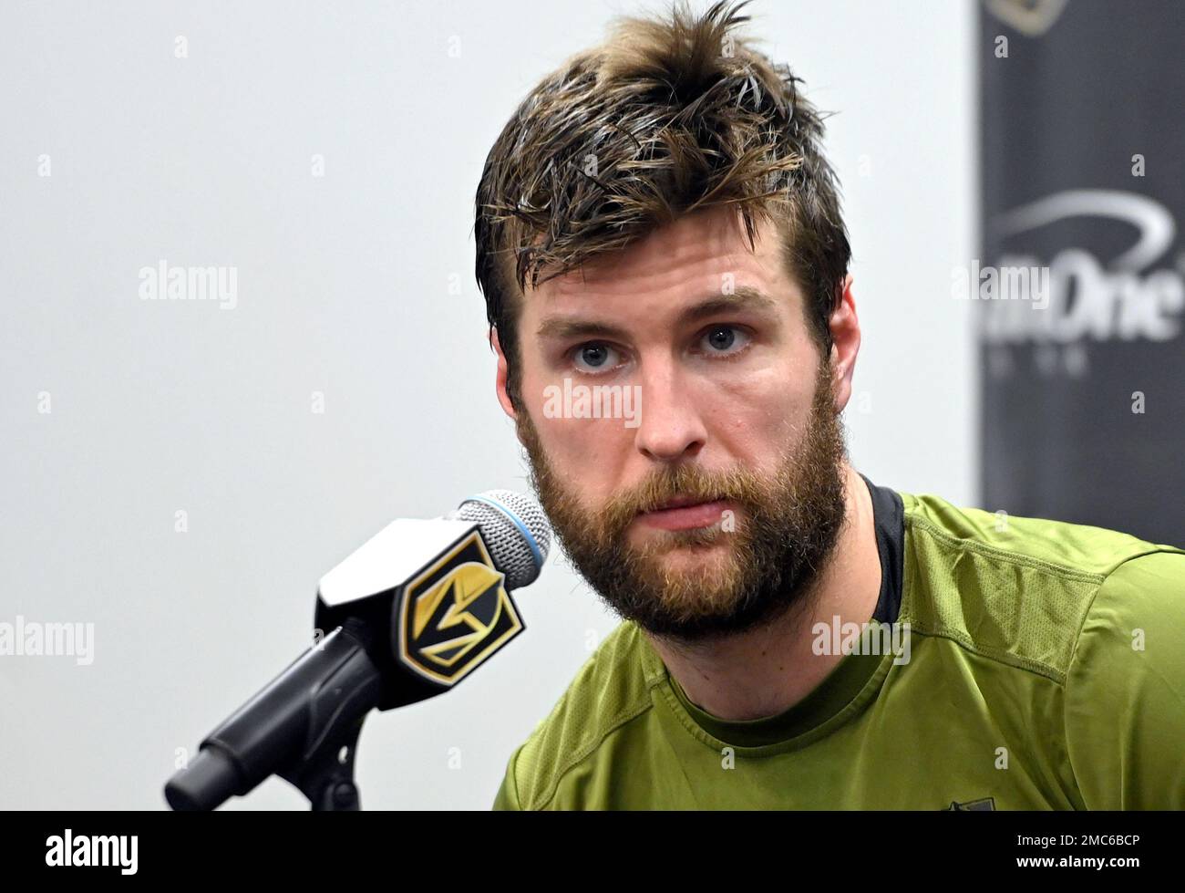 Vegas Golden Knights defenseman Alex Pietrangelo speaks during a news ...