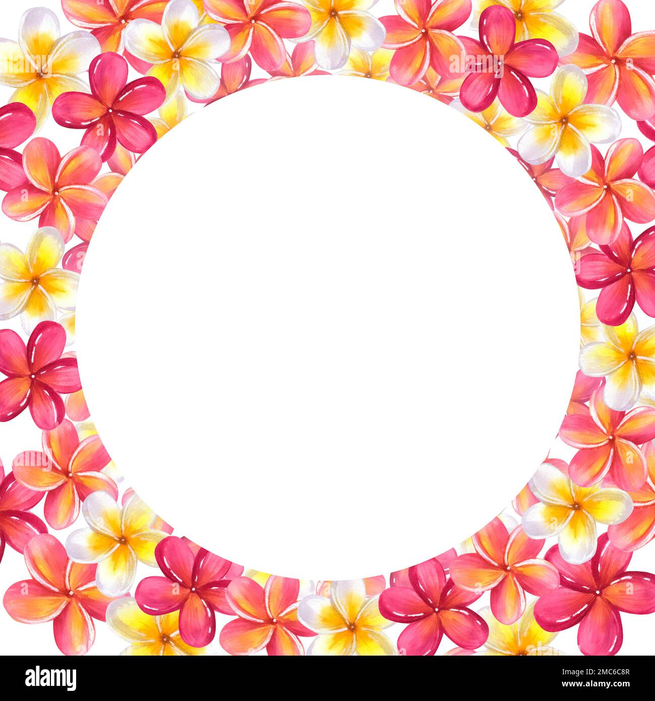 Round frame made of plumeria frangipani garland. Exotic floral design ...
