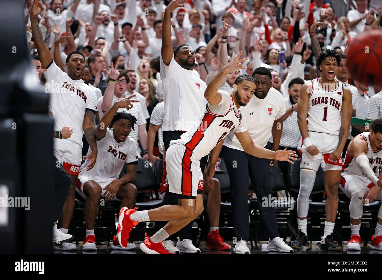Texas Tech's Kevin Obanor (0) celebrates after scoring a 3-point shot ...