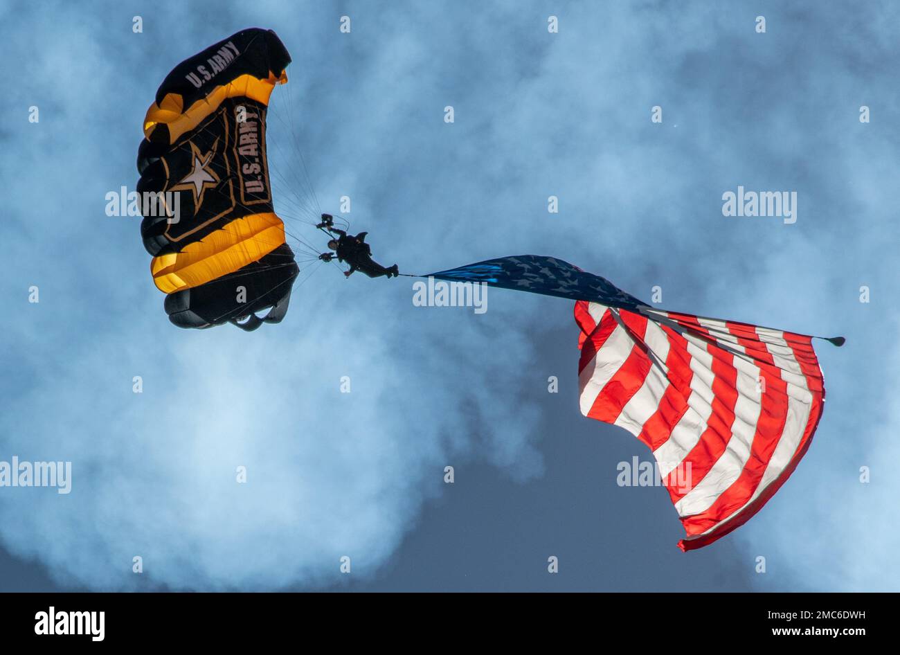 A U.S. Army parachutist with the Golden Knights Parachute Demonstration ...