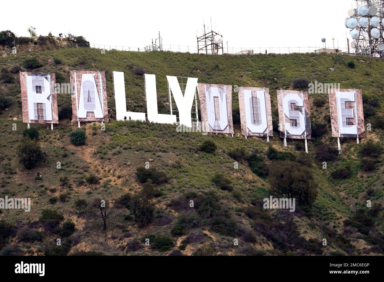 Letters of the iconic Hollywood Sign are covered by fabric to ...