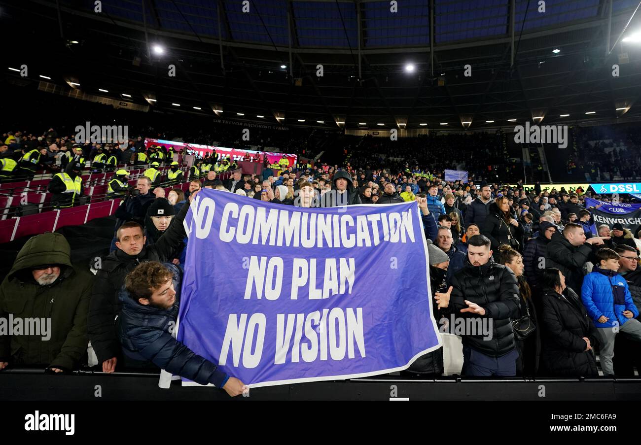 Everton fans hold up banners of protest after the Premier League match ...