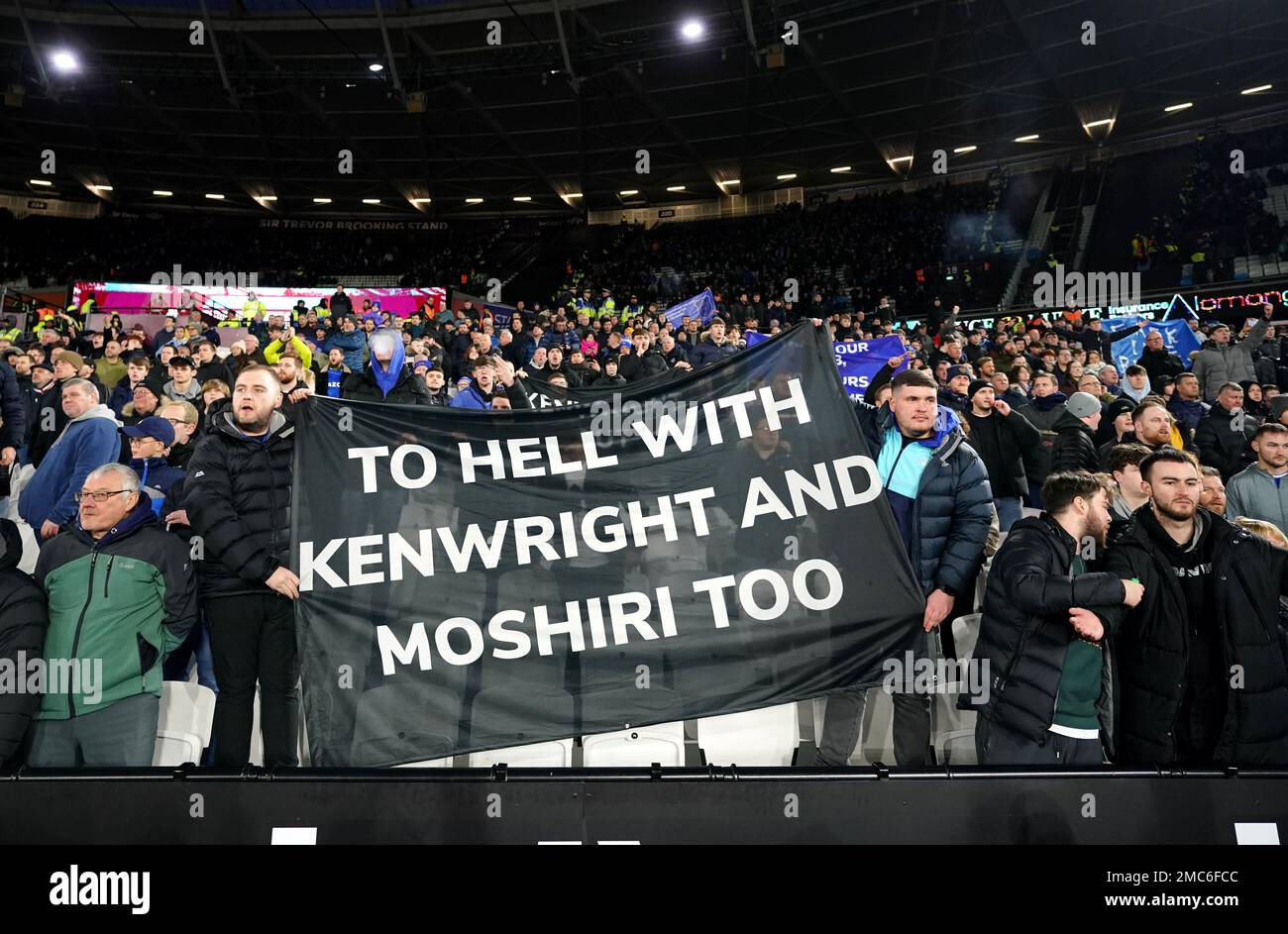 Everton fans hold up banners of protest after the Premier League match ...