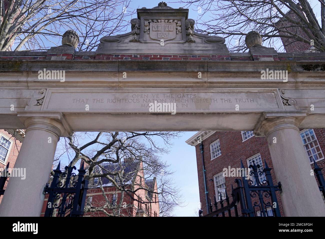 The gates of Harvard Yard at Harvard University in Cambridge, Mass ...