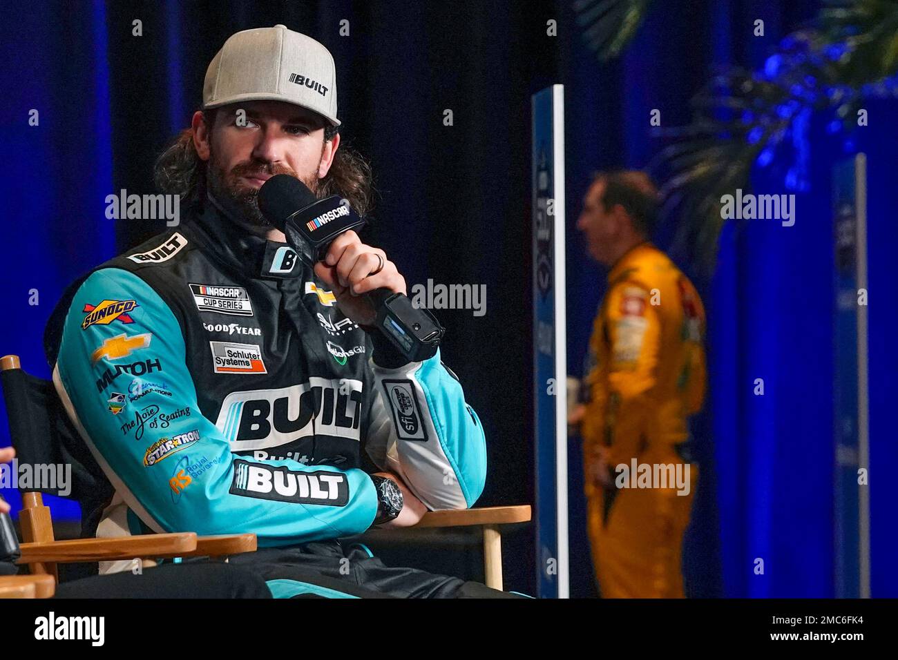 Corey LaJoie takes part in an interview during NASCAR Daytona 500 auto ...