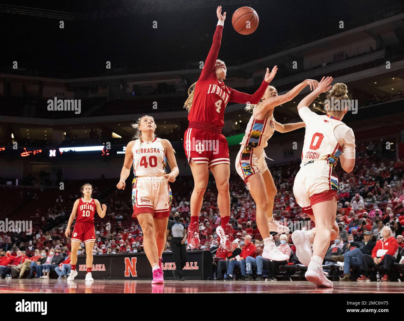 Indiana's Nicole Cardaño-Hillary (4) shoots against Nebraska's Jaz ...