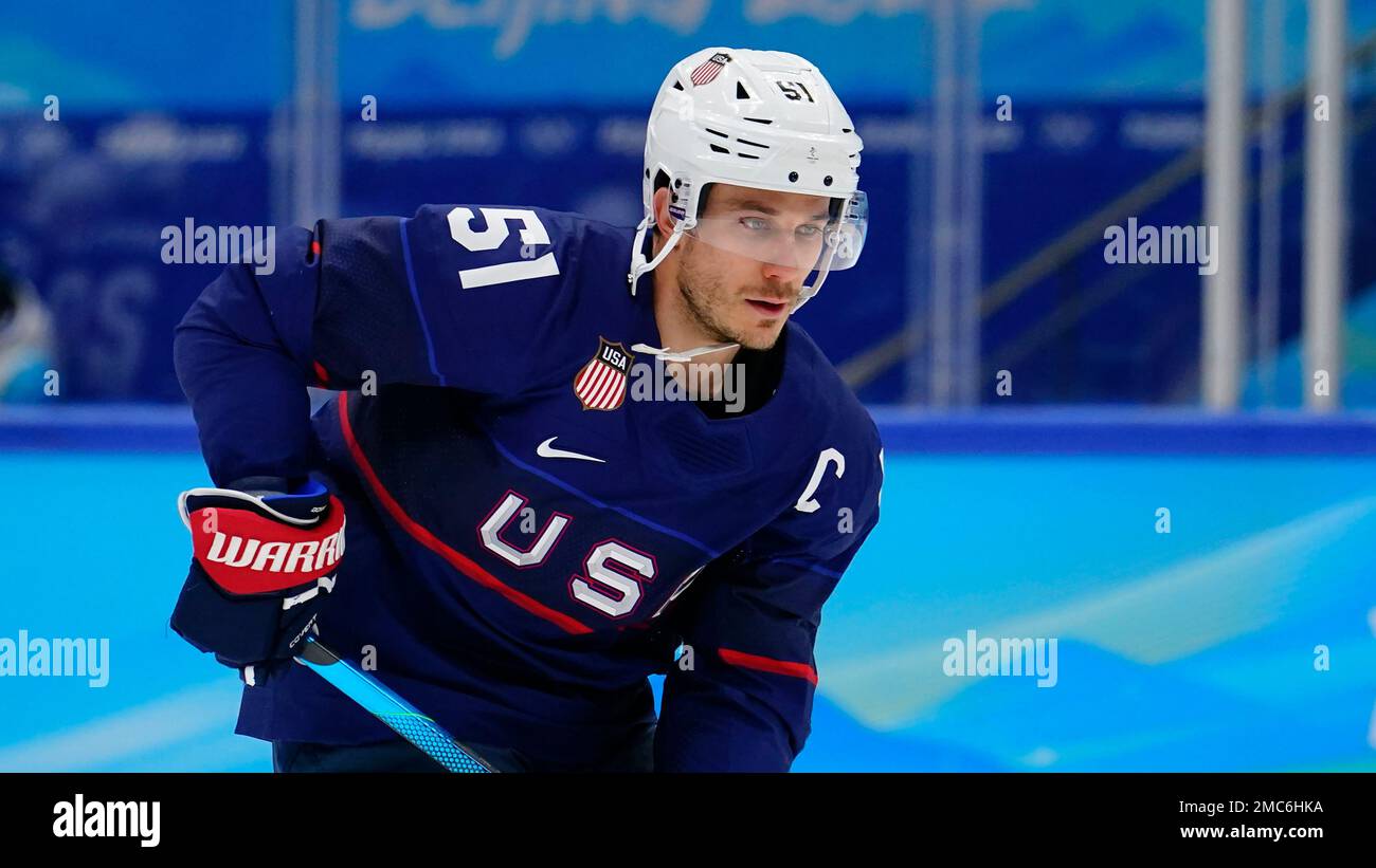 United States' Andy Miele warms up for a men's quarterfinal hockey game ...