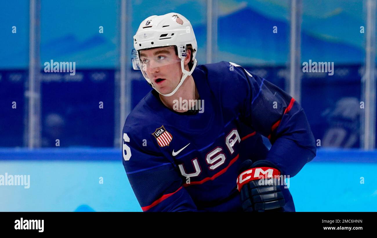 United States' Nick Perbix warms up for a men's quarterfinal hockey ...