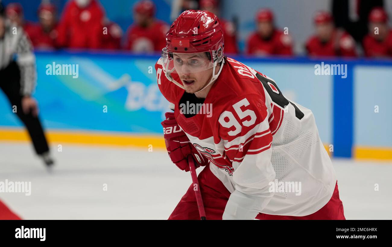 Denmark's Nick Olesen (95) skates during a men's quarterfinal hockey ...