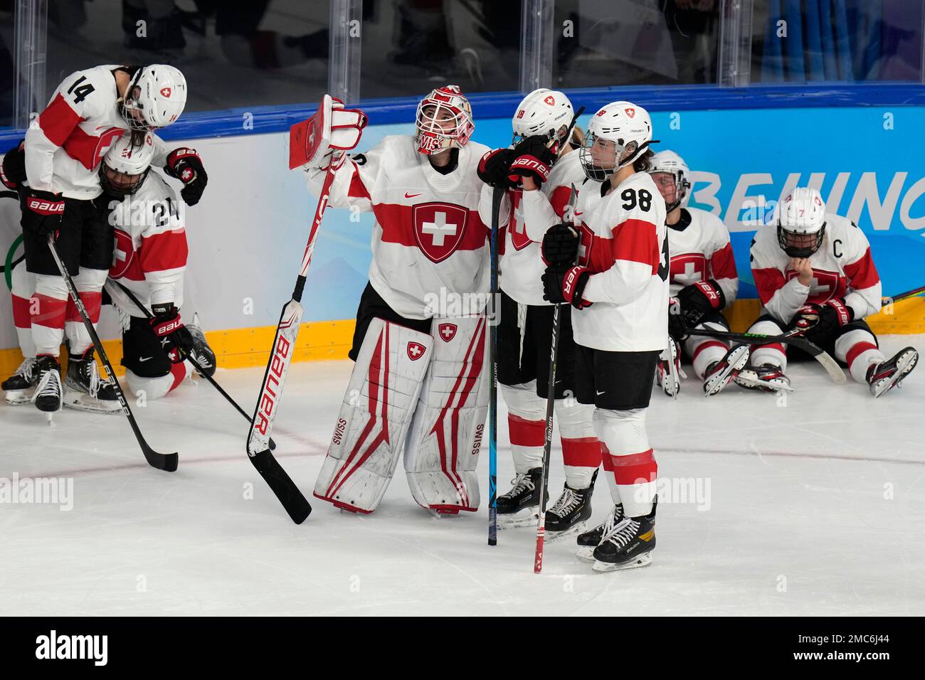 Switzerland reacts after losing to Finland in the women's bronze medal ...