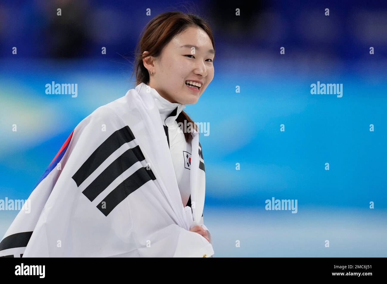Choi Min-jeong of South Korea, reacts after winning the women's 1500 ...