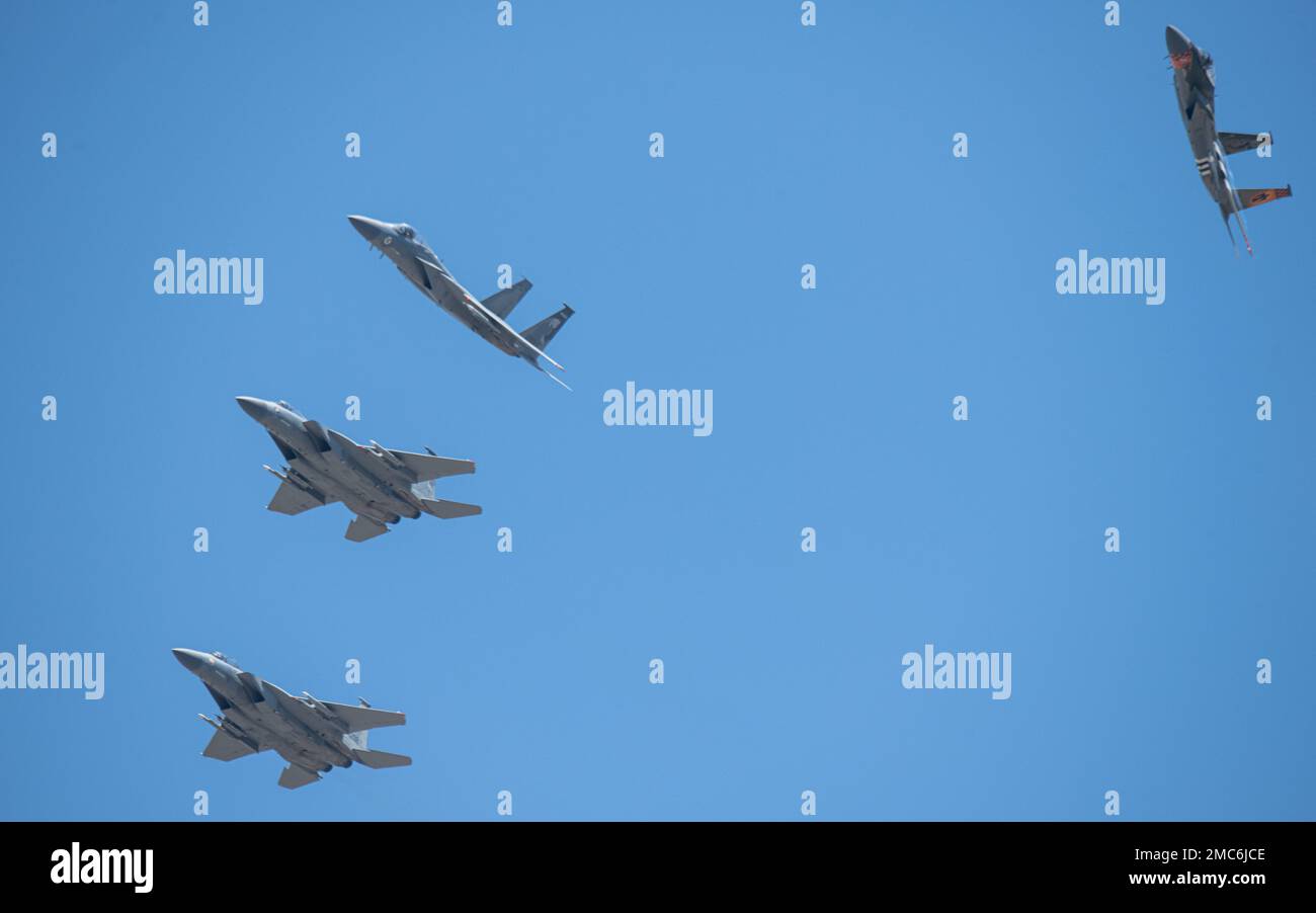 A formation of U.S. Air Force F-15 Eagles from the 173rd Fighter Wing ...