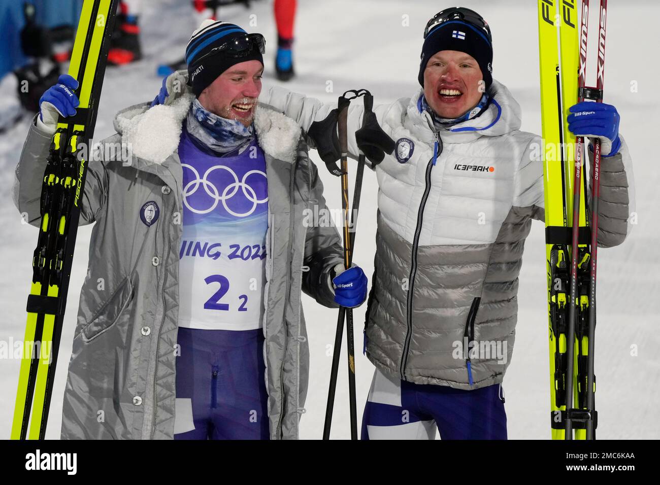 Joni Maki, of Finland, left, and Iivo Niskanen, of Finland, celebrate a ...