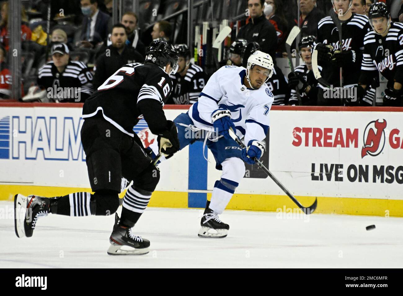 Tampa Bay Lightning right wing Mathieu Joseph (7) passes the puck as ...