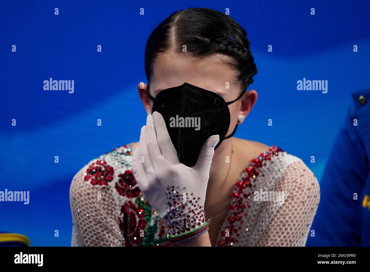 Anastasiia Shabotova, of Ukraine, reacts after the women's short ...