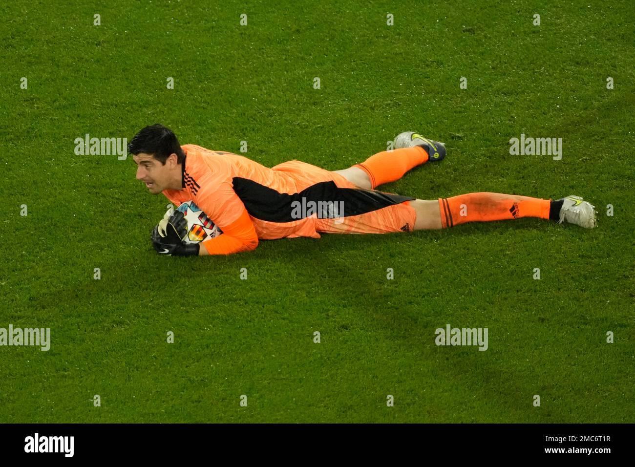 Real Madrid's goalkeeper Thibaut Courtois makes a save during the ...