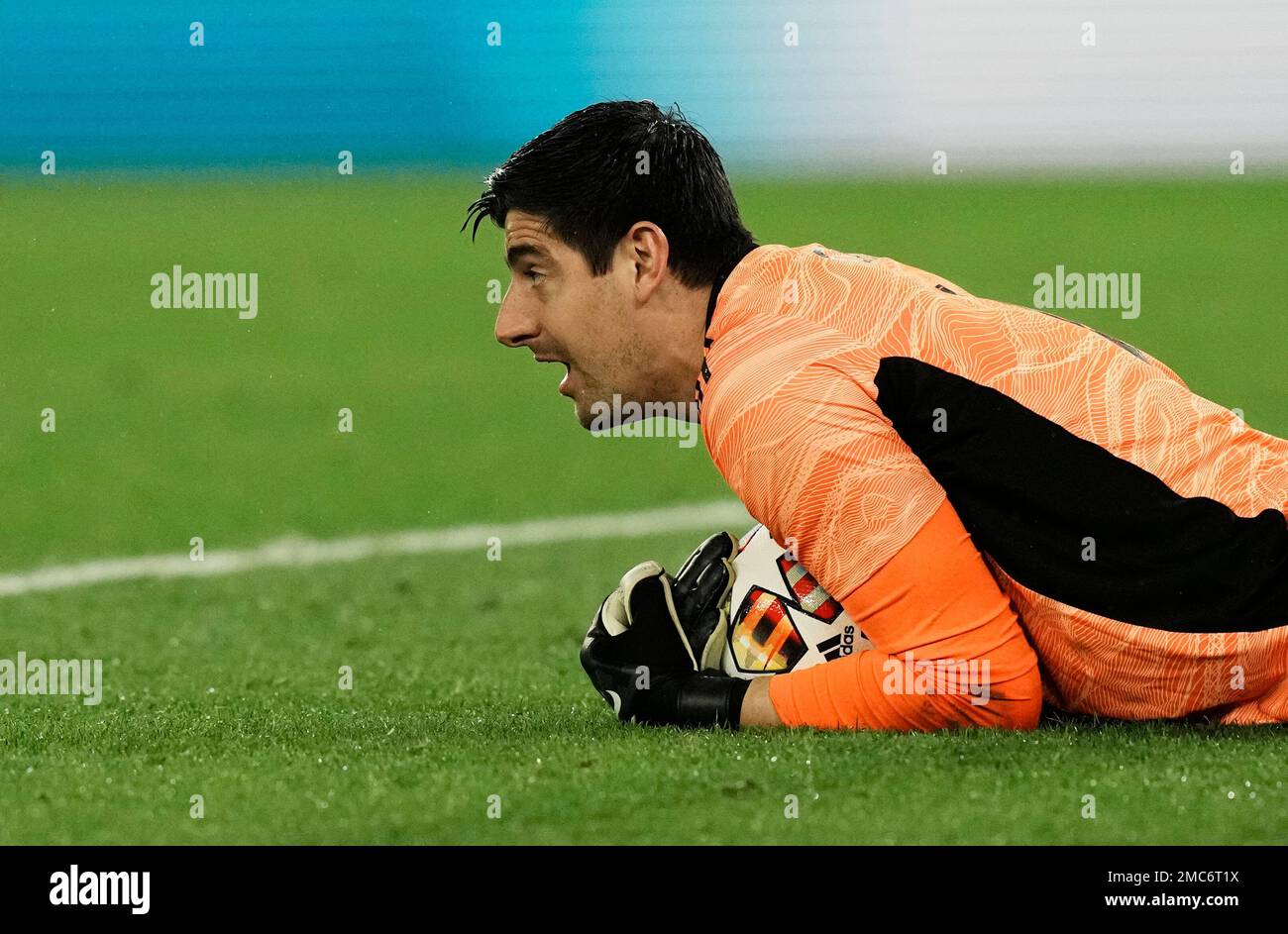 Real Madrid's goalkeeper Thibaut Courtois makes a save during the ...
