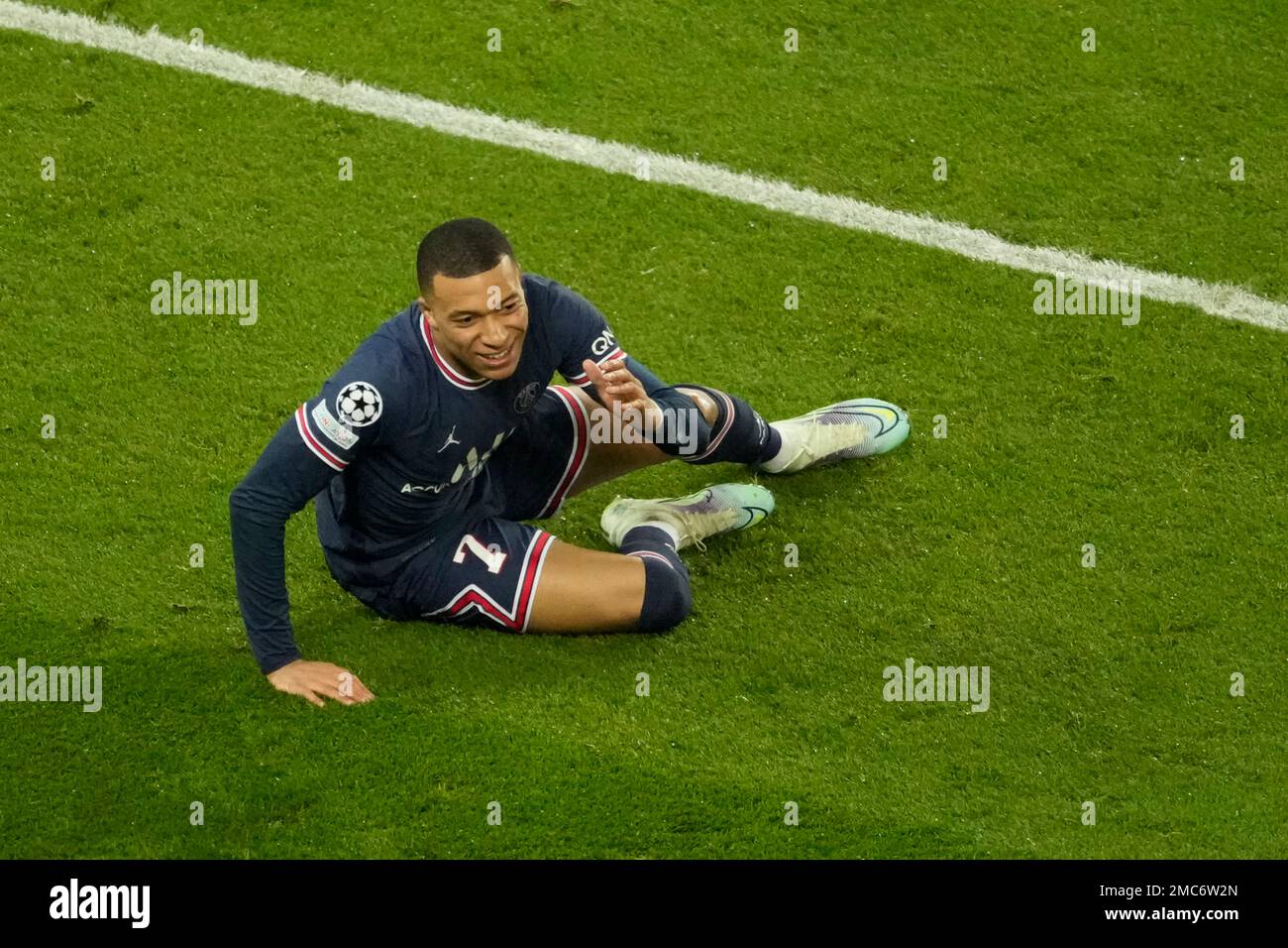 PSG's Kylian Mbappe gestures during the Champions League, round of 16 ...