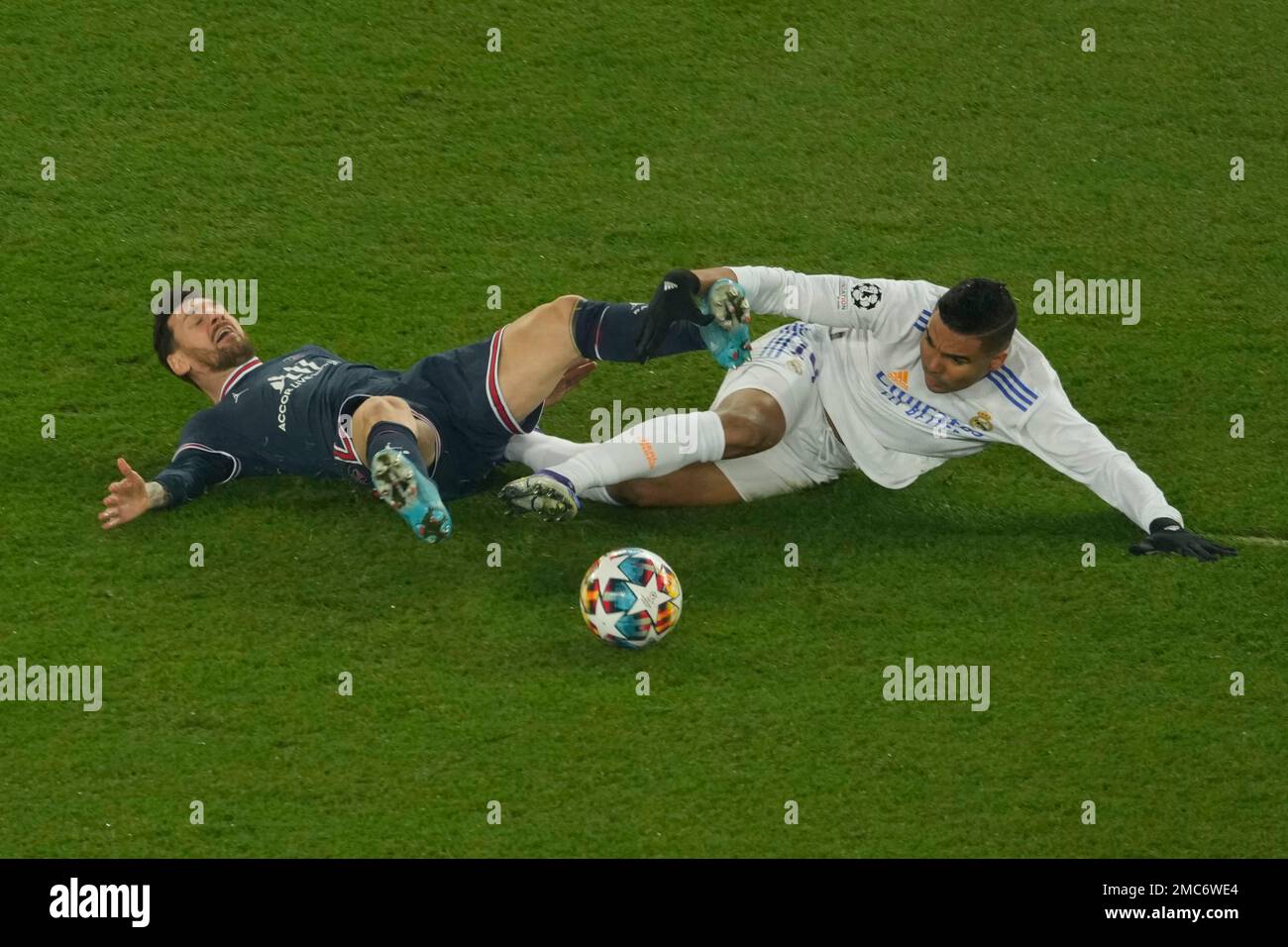 PSG's Lionel Messi, left, is fouled by Real Madrid's Casemiro during ...