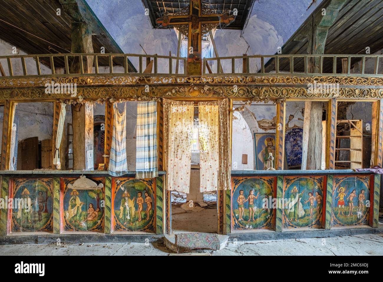 Rude screen inside derelict church (built 1840), Balkan Mountains ...