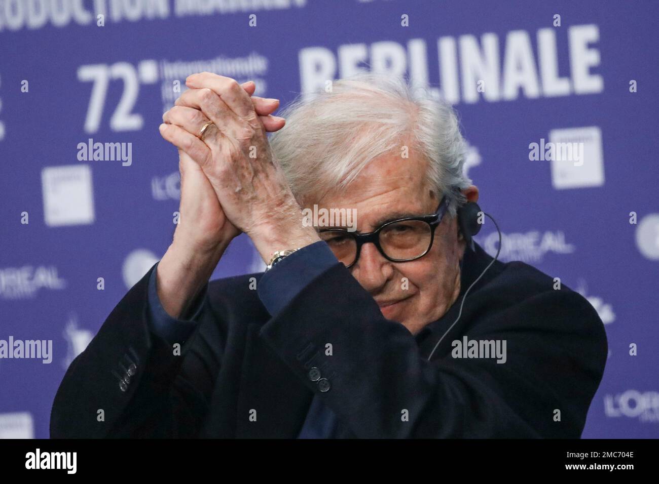 Paolo Taviani salutes the assembled journalists at the press conference ...