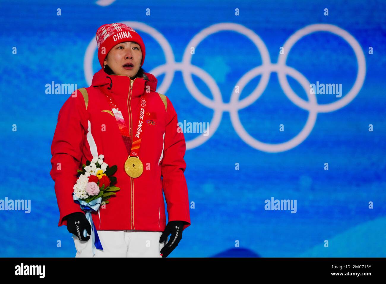Gold medal winner Xu Mengtao, of China, reacts during the women's ...