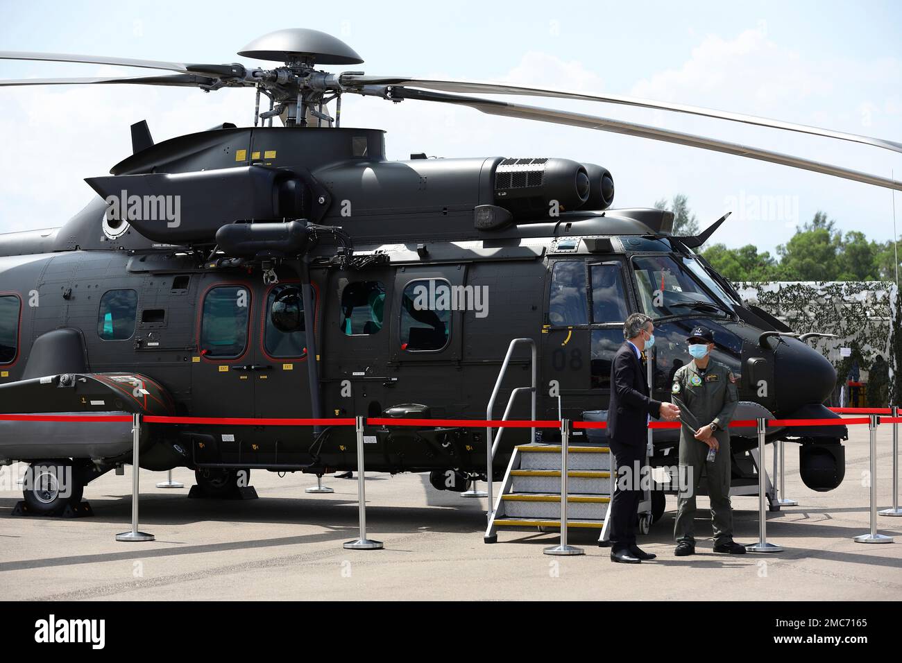 The Republic of Singapore Air Force (RSAF) H225M medium lift helicopter sits on display during ...