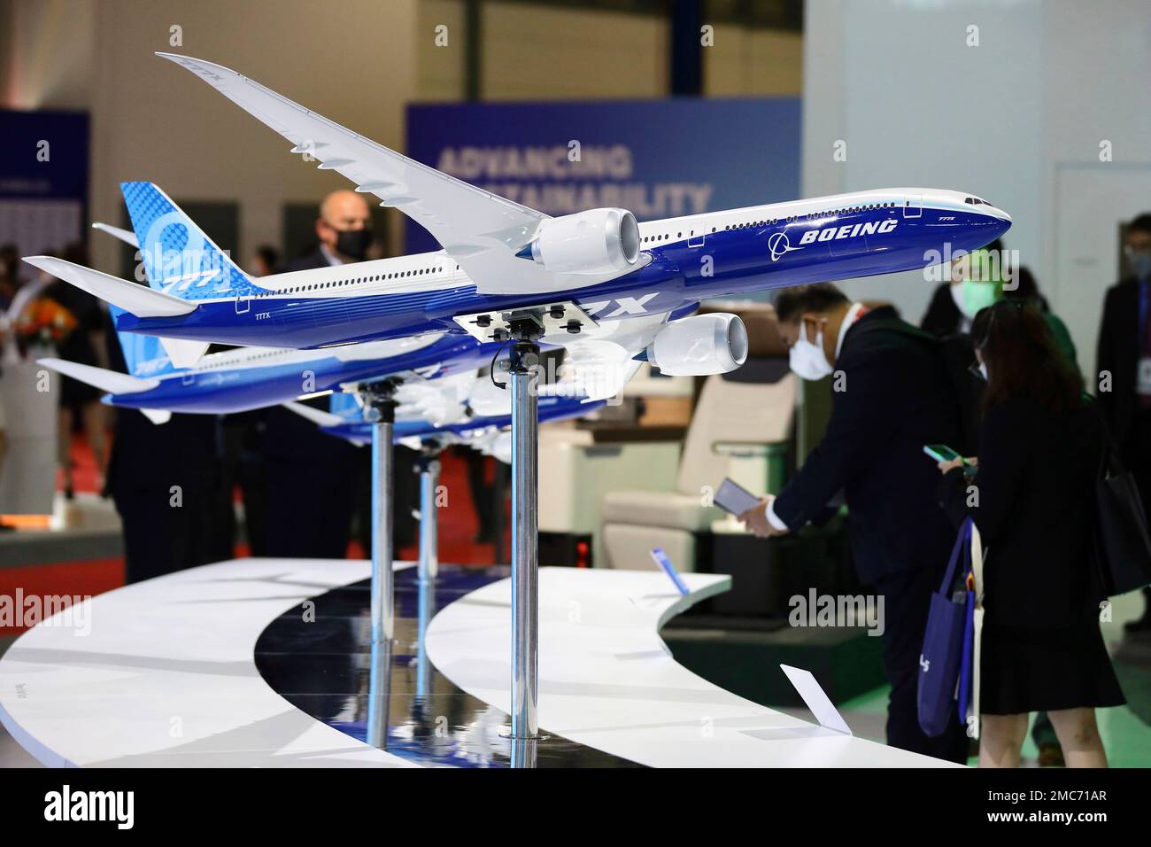 Boeing's B777-9 aircraft model sits on display during the Singapore ...
