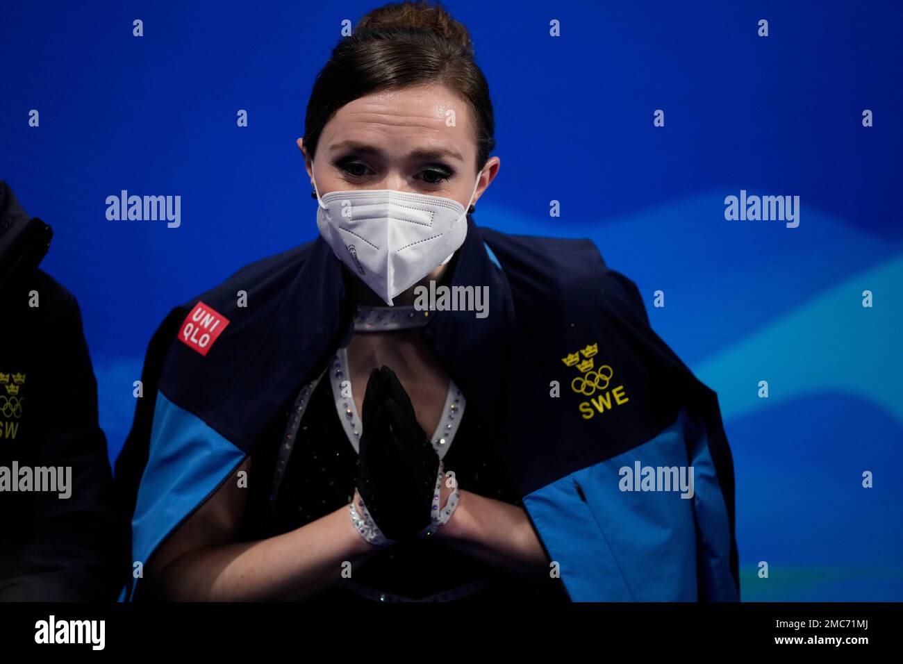 Josefin Taljegard, of Sweden, reacts after the women's short program ...
