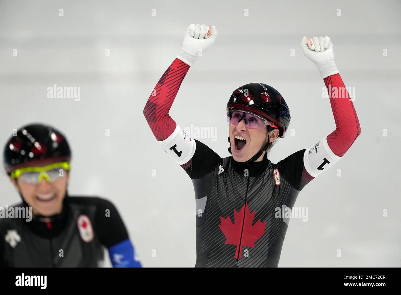 Ivanie Blondin of Team Canada reacts after they won the gold medal and ...