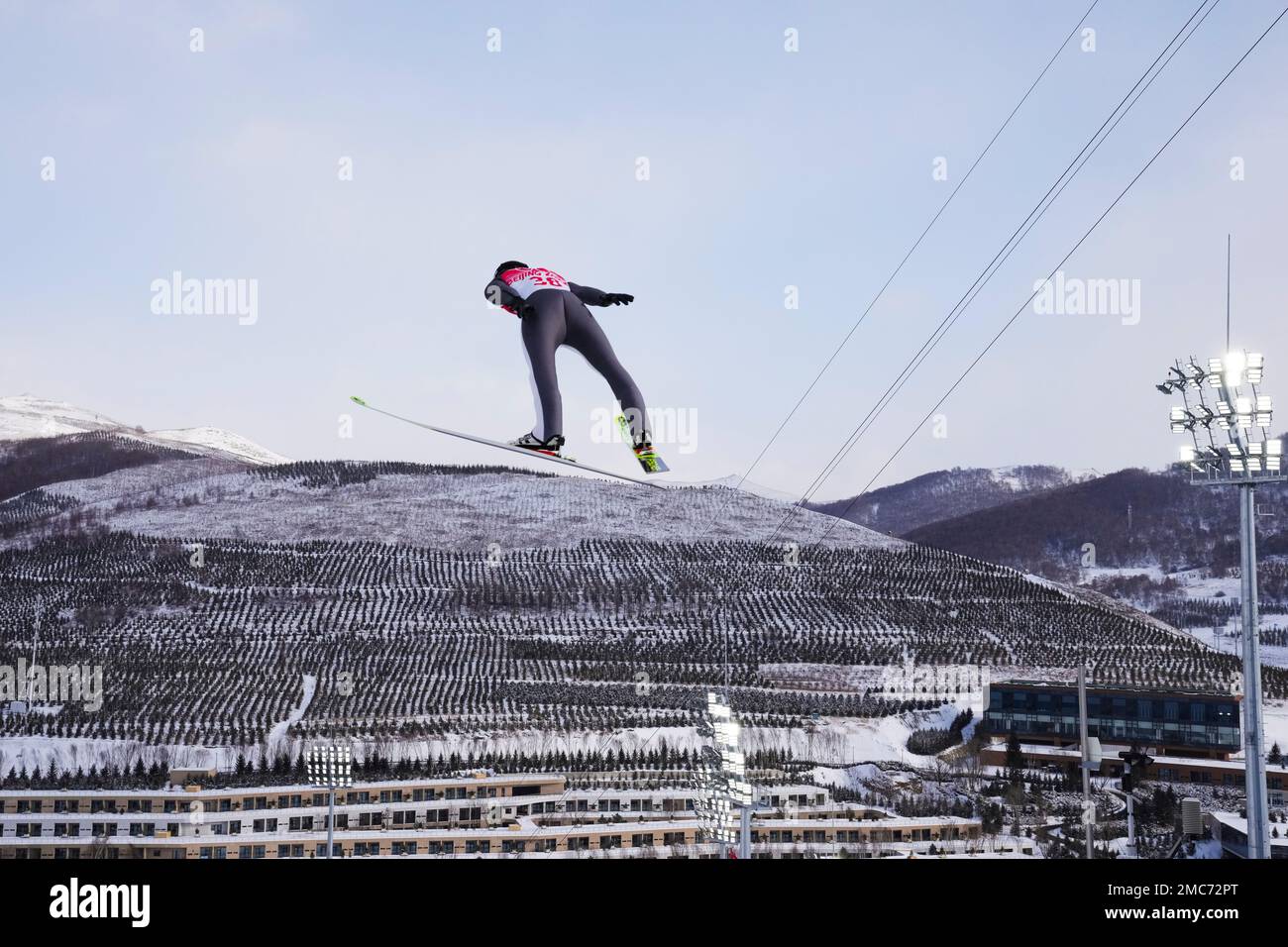 Mario Seidl, of Austria, soars through the air during the trial round of the individual ...