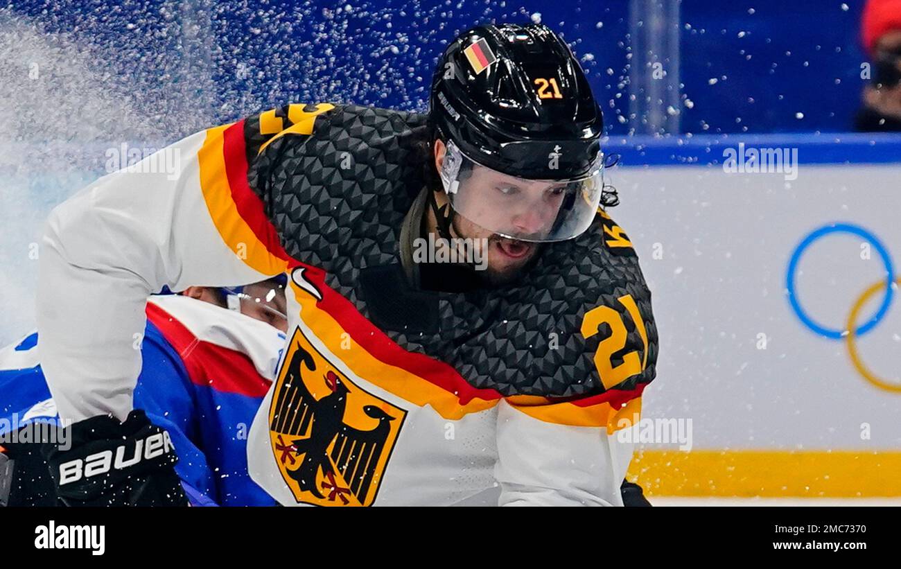 Germany's Nicolas Krammer (21) shoots against Slovakia goalkeeper ...