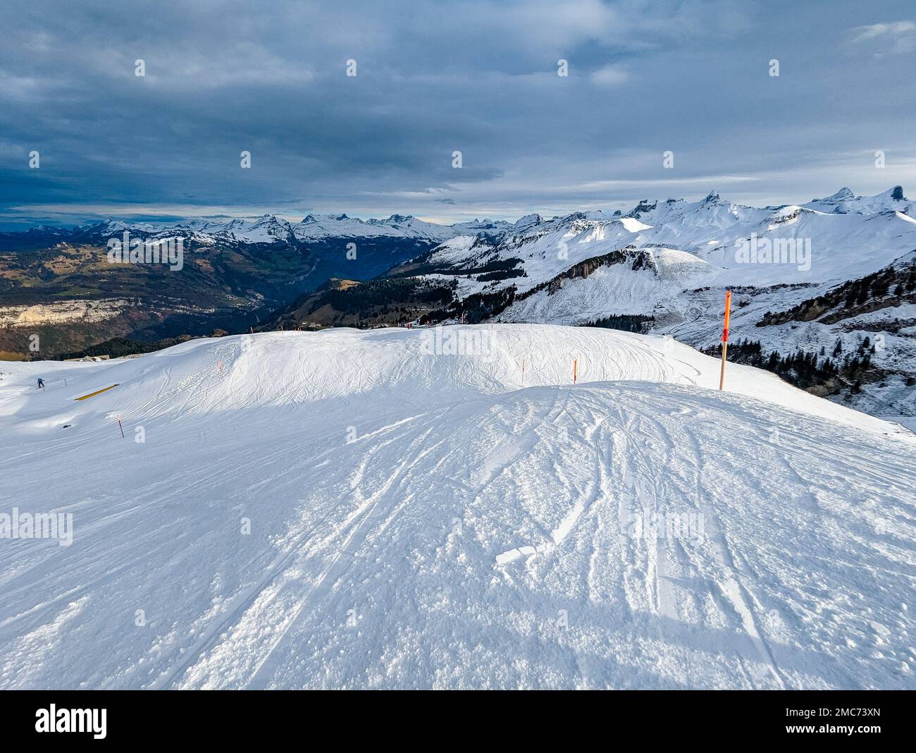 Snow covered mountains and ski slopes, ski area Stoos,Switzerland Stock ...