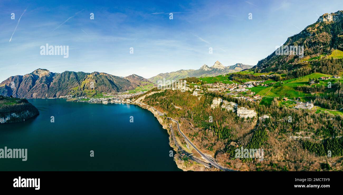 Panoramic aerial view of Lake of the Four Cantons, Morschach ...