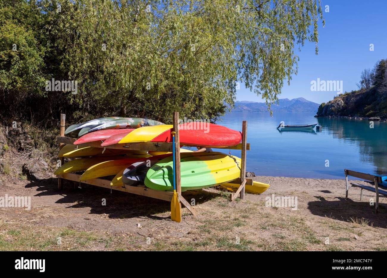 Colorful kayaks at the beach of Lago General Carrera near the famous ...