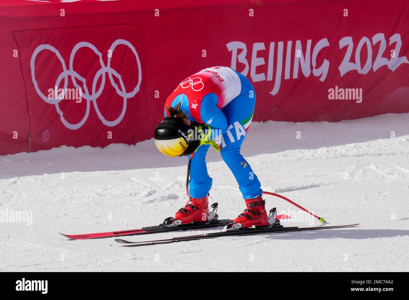 Nadia Delago, of Italy, celebrates after finishing the women's downhill ...