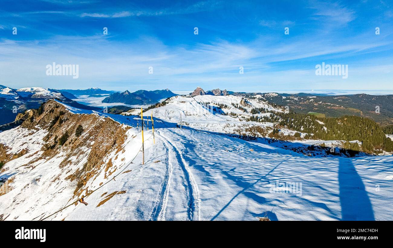 Snow covered mountains and ski slopes, ski area Stoos,Switzerland Stock ...