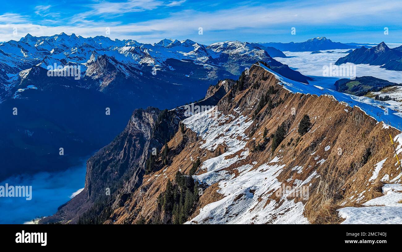 Snow covered mountains and ski slopes, ski area Stoos,Switzerland Stock ...