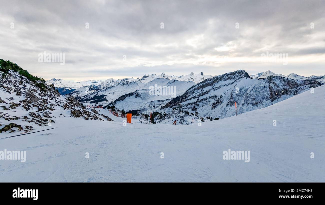 Snow covered mountains and ski slopes, ski area Stoos,Switzerland Stock ...
