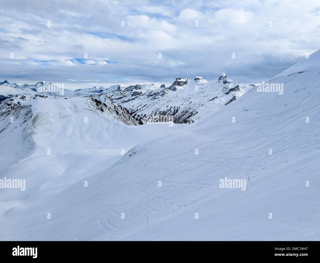 Snow covered mountains and ski slopes, ski area Stoos,Switzerland Stock ...