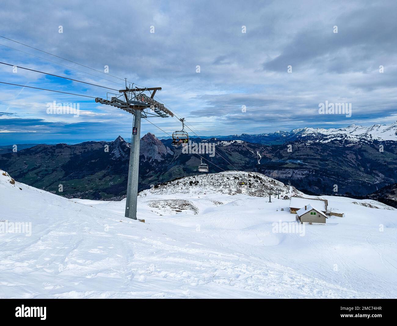 Snow covered mountains and ski slopes, ski area Stoos,Switzerland Stock ...