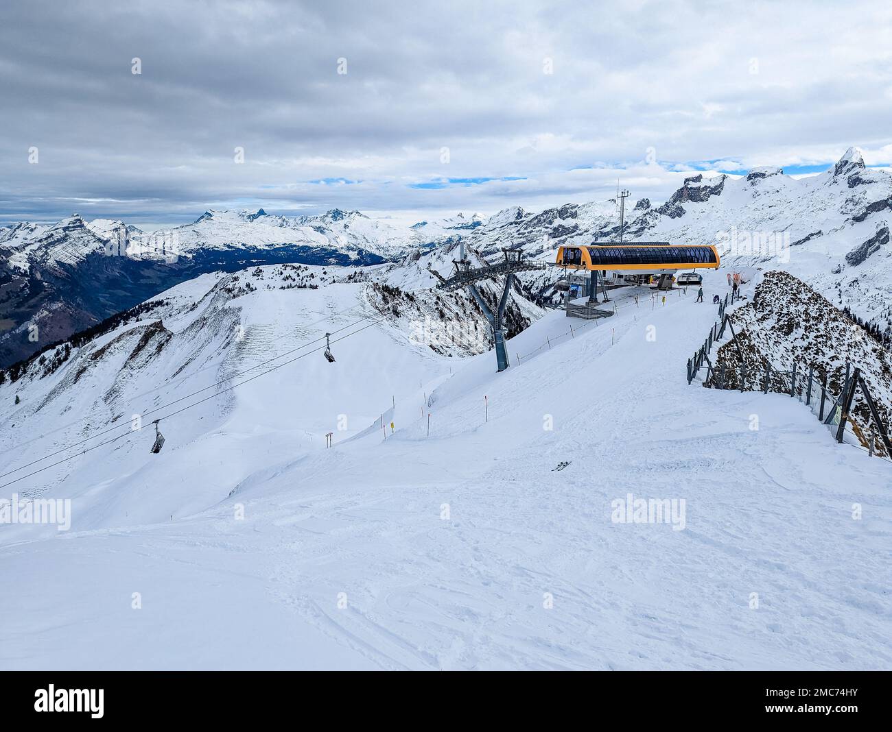 Snow covered mountains and ski slopes, ski area Stoos,Switzerland Stock ...