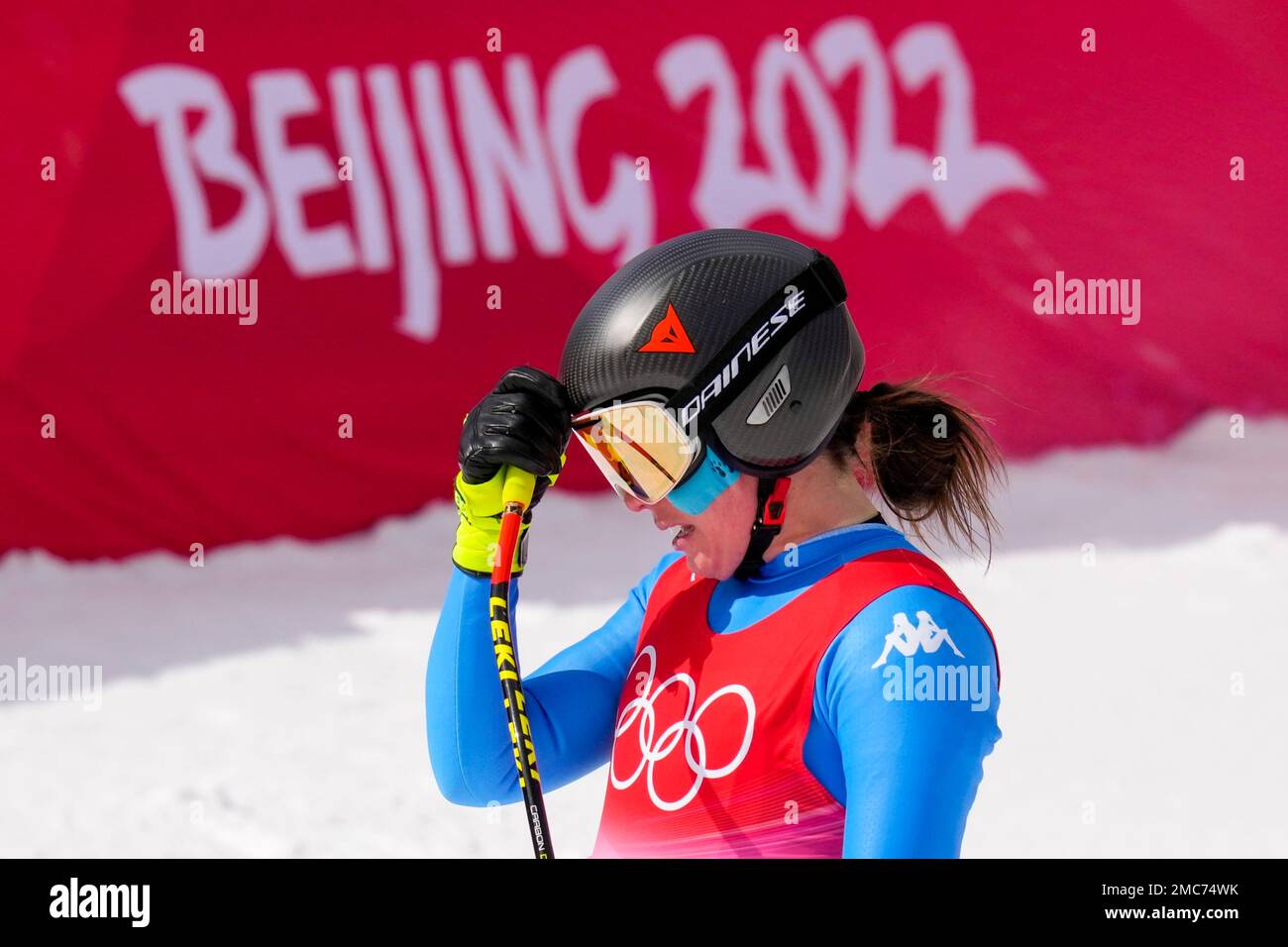 Nicol Delago, of Italy, reacts after finishing the women's downhill at ...