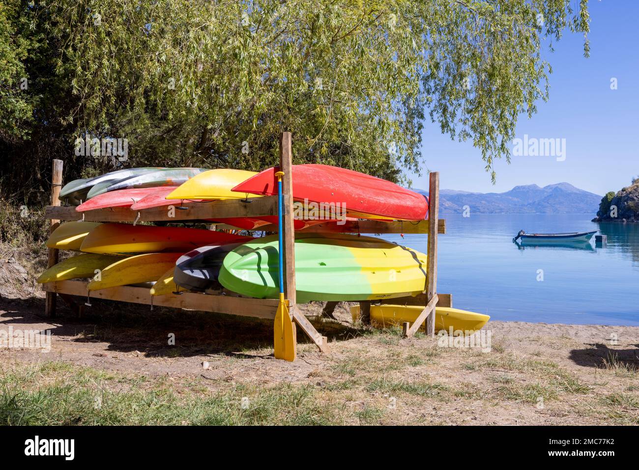 Colorful kayaks at the beach of Lago General Carrera near the famous ...