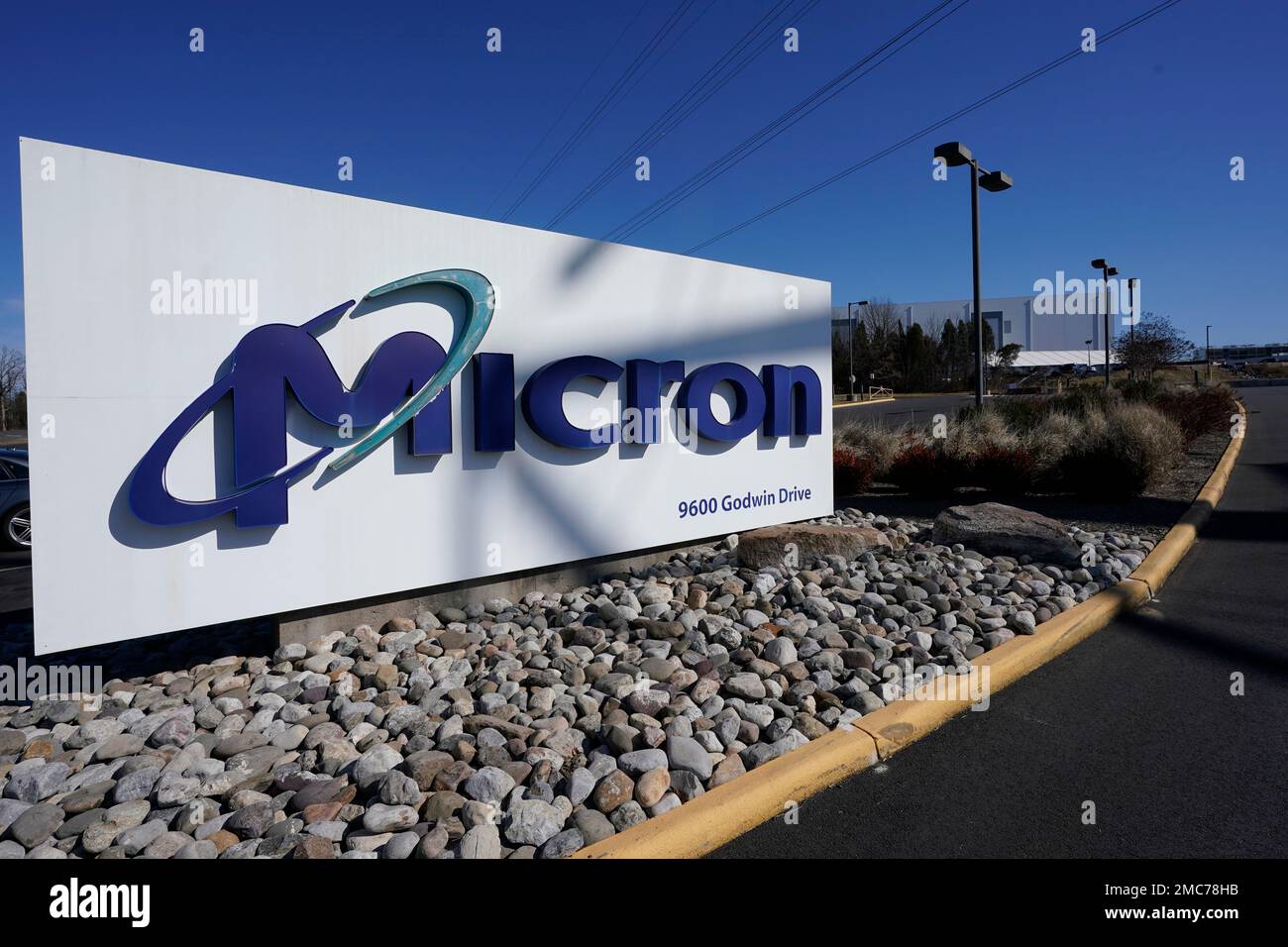 A sign marks the entrance of the Micron Technology automotive chip ...